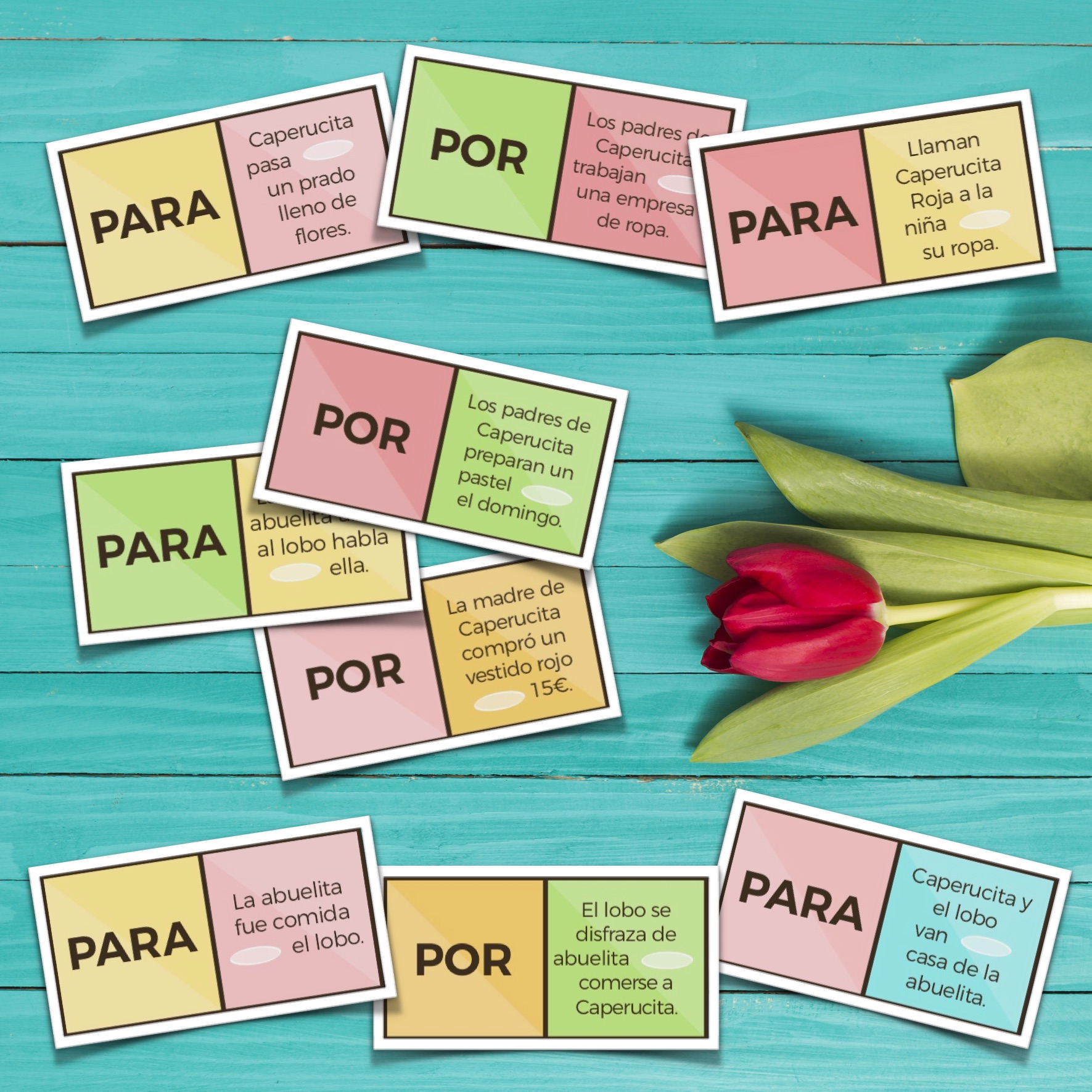 Dominó para practicar las preposiciones por y para (B1 y B2)